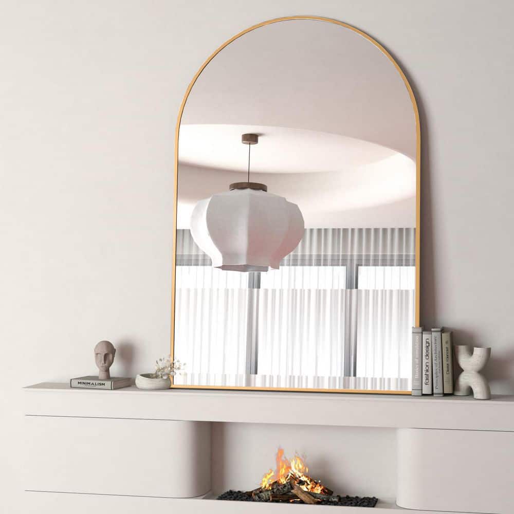 Gold 24 in W x 32 in. H Classic Arched Aluminium and MDF Framed Mirror ...