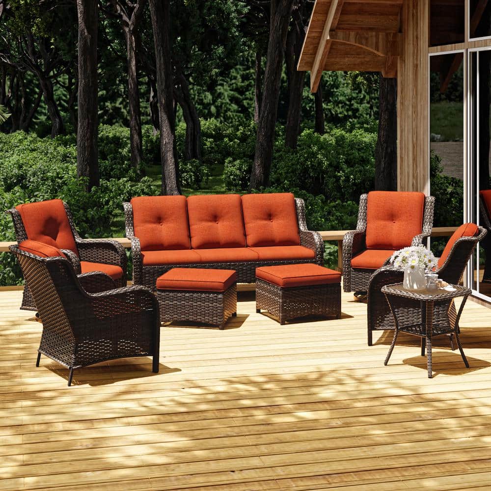 JOYSIDE 8-Piece Wicker Outdoor Patio Conversation Set with Orange ...