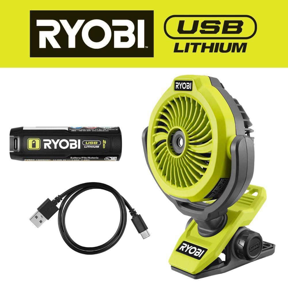 RYOBI USB Lithium Cordless Misting Clamp Fan Kit with USB Lithium 2Ah ...