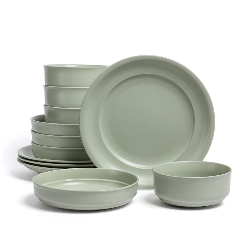 Over and Back Rimmed 12-Piece Semi-Matte Sage Hand-Finished Stoneware ...