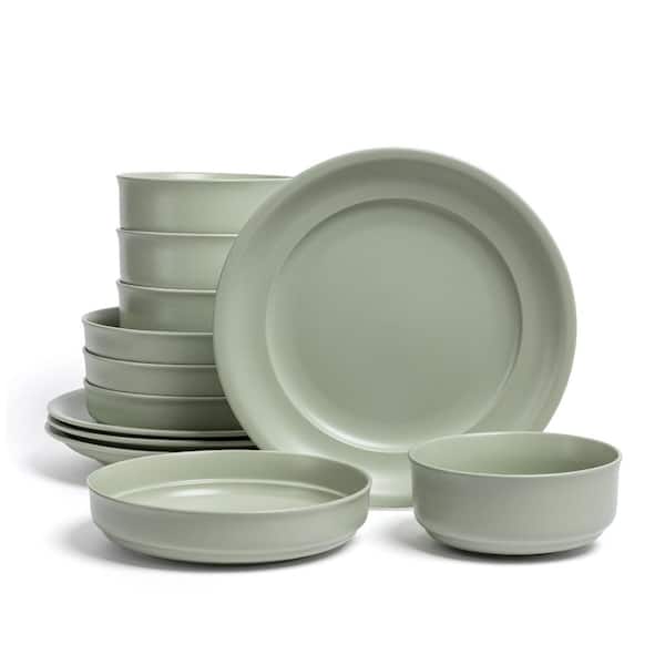 Over and Back Rimmed 12-Piece Semi-Matte Sage Hand-Finished Stoneware ...