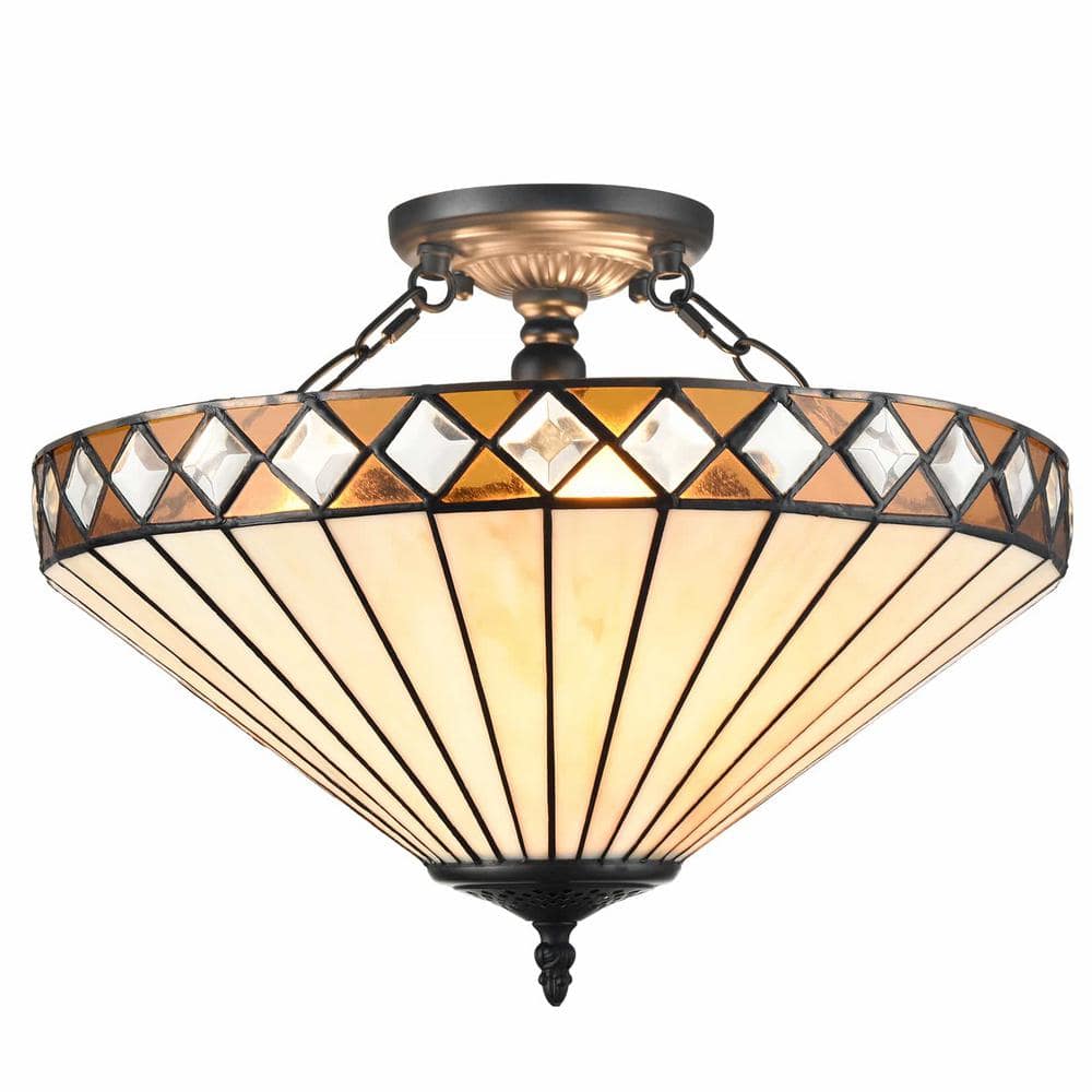 CLAXY 16.57 in. 3-Light Black Modern Semi-Flush Mount with Stained ...