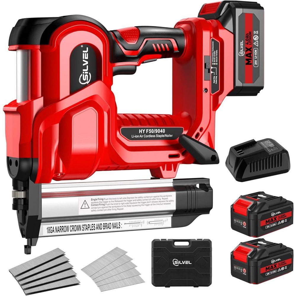 SILVEL 2in. 21V Lithium-Ion Electric Cordless Brad Nailer, (2) 4. 0Ah ...