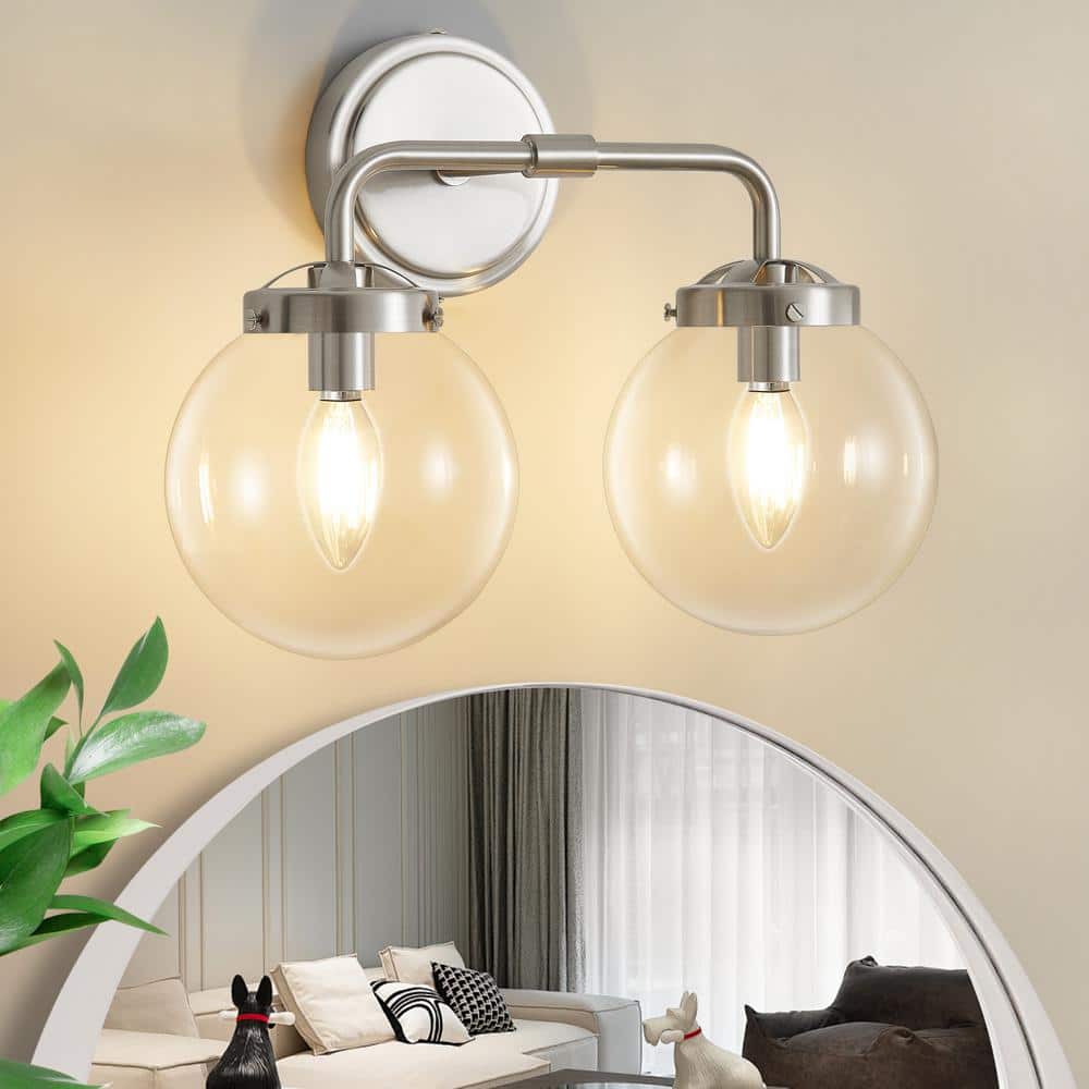 Deyidn Modern 14.17 in. 2-Light Nickel Bathroom Vanity Light with Clear ...
