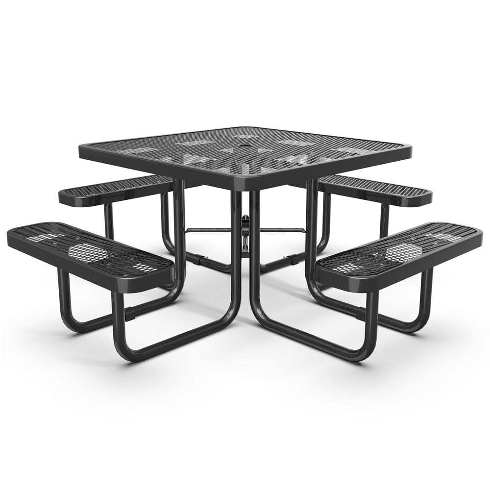 46 in. Black Square Outdoor Patio Steel Picnic Table with Umbrella Pole ...