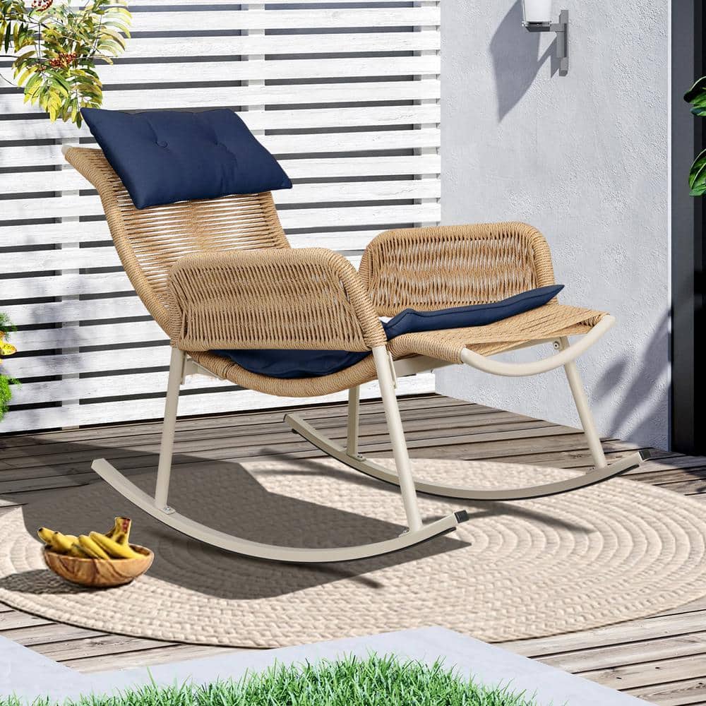UPHA Wicker Outdoor Rocking Chair Lounge Chair with Dark Blue Cushion ...