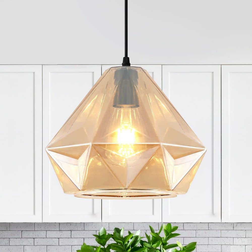 HLJYNJM 1-Light Black and Amber Modern Geometric Pendant Light with ...