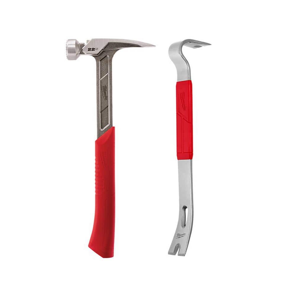 Milwaukee 22 oz. Milled Face Framing Hammer with 15 in. Pry Bar 48-22 ...