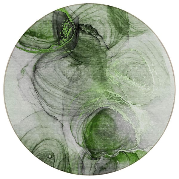 HomeRoots Olive Green 8 ft. Round Abstract Indoor / Outdoor Area Rug ...