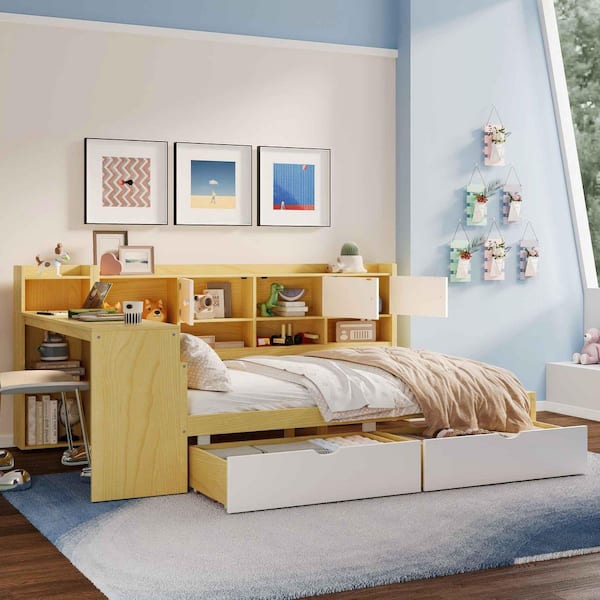 Polibi Natural/White Full Daybed with 7 Storage Cabinets and 2 Storage ...