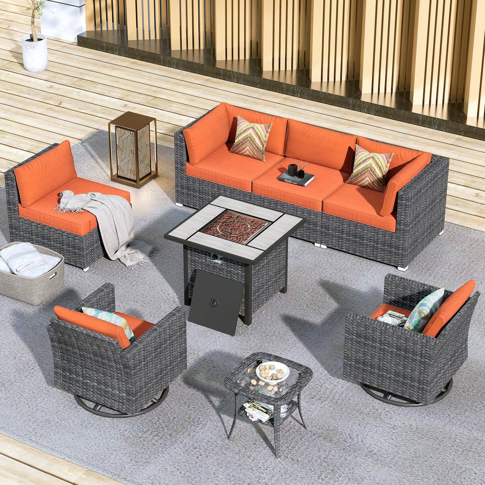 HOOOWOOO Messi Grey 8-Piece Wicker Outdoor Patio Fire Pit Conversation ...