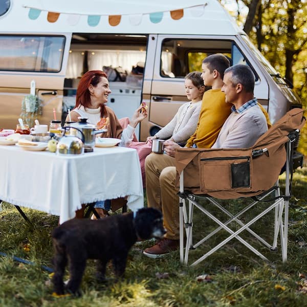 BOZTIY 2PK Oversized Camping Chair Fully Padded Folding Moon Saucer Chair Heavy Duty FoldingChair with Cup Holder and Carry Bag YLY BROWN 2pkDH