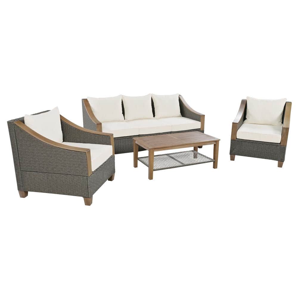 Sudzendf 4-Piece Rattan Outdoor Conversation Sofa Set with Beige ...