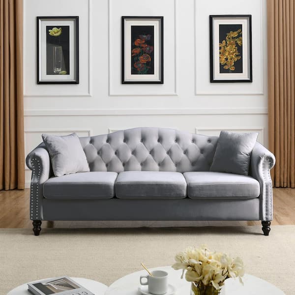 Noble House Lioren French 79 in. Rolled Arm and Nailhead Tufted Velvet ...