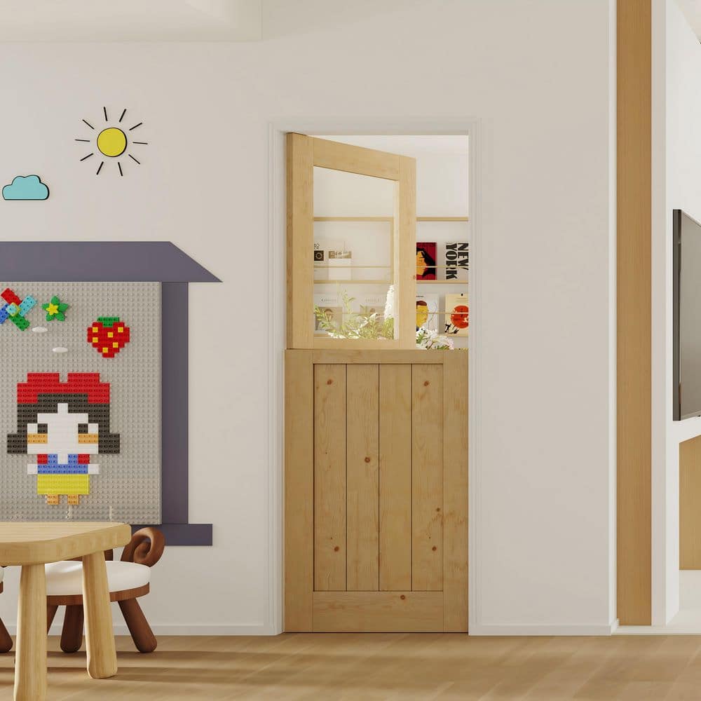 TENONER 30 in. x 80 in. Half Frosted Glass Solid Core Natural Pine Wood ...