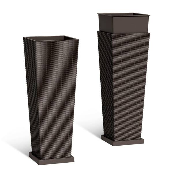 Tozey Rattan Texture Brown Outdoor Resin Tapered Planter Set With