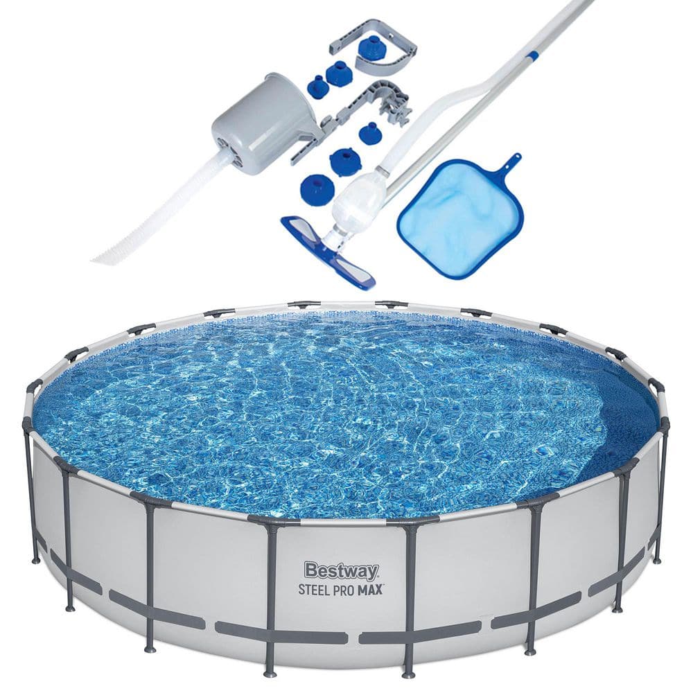 Bestway Round Steel Frame Above Ground Pool w Cleaning Accessories 18 x 4 Feet