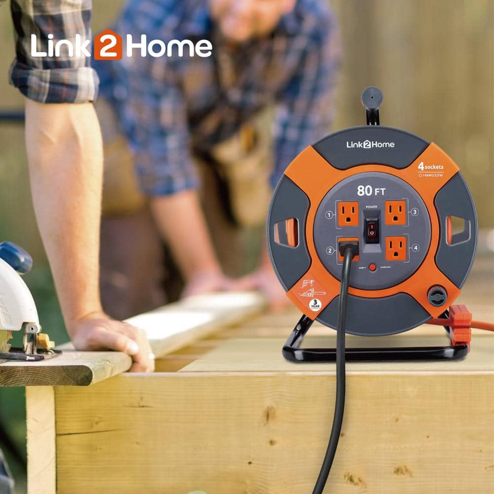 Link2Home EM-EL-800E 80 Ft. 14/3 Extension Cord Storage Reel With 4 ...