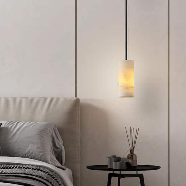 YUYI 10 in. 1-Light Black Pendant Light, Cylinder Natural Alabaster ...