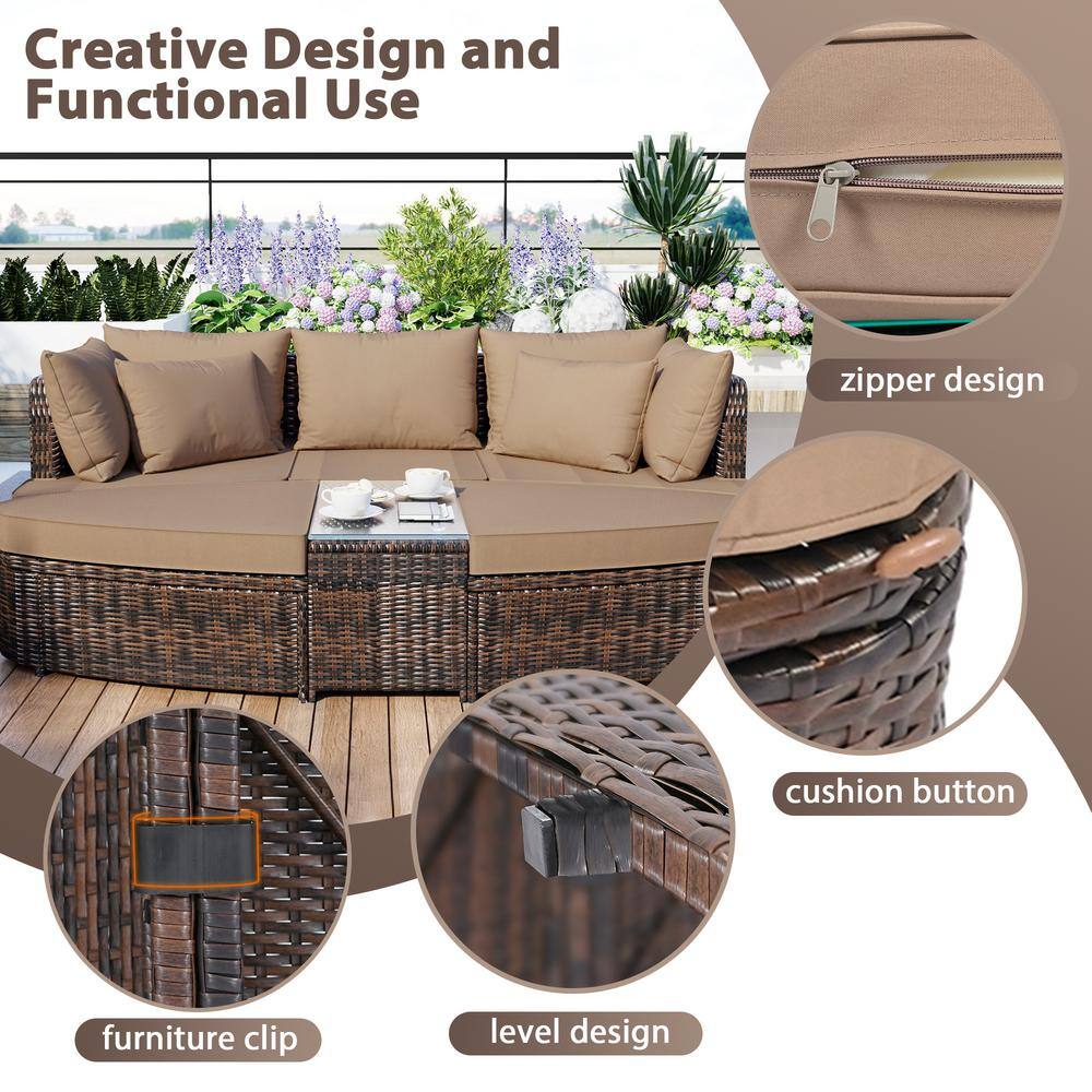 Beige Metal 6-Piece Patio Outdoor Conversation Round Sofa Sectional Set ...
