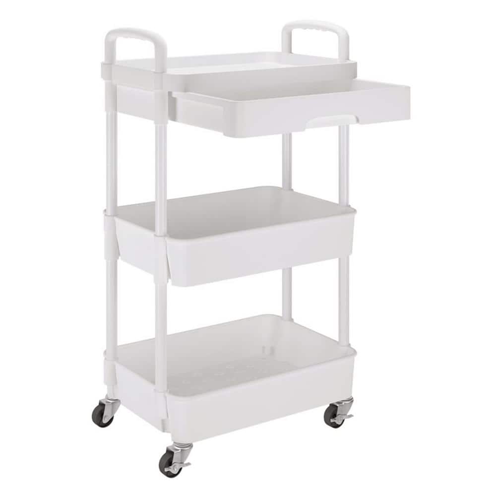 Angel Sar 3-Tier Rolling Utility Serving Cart in White with Drawer ...