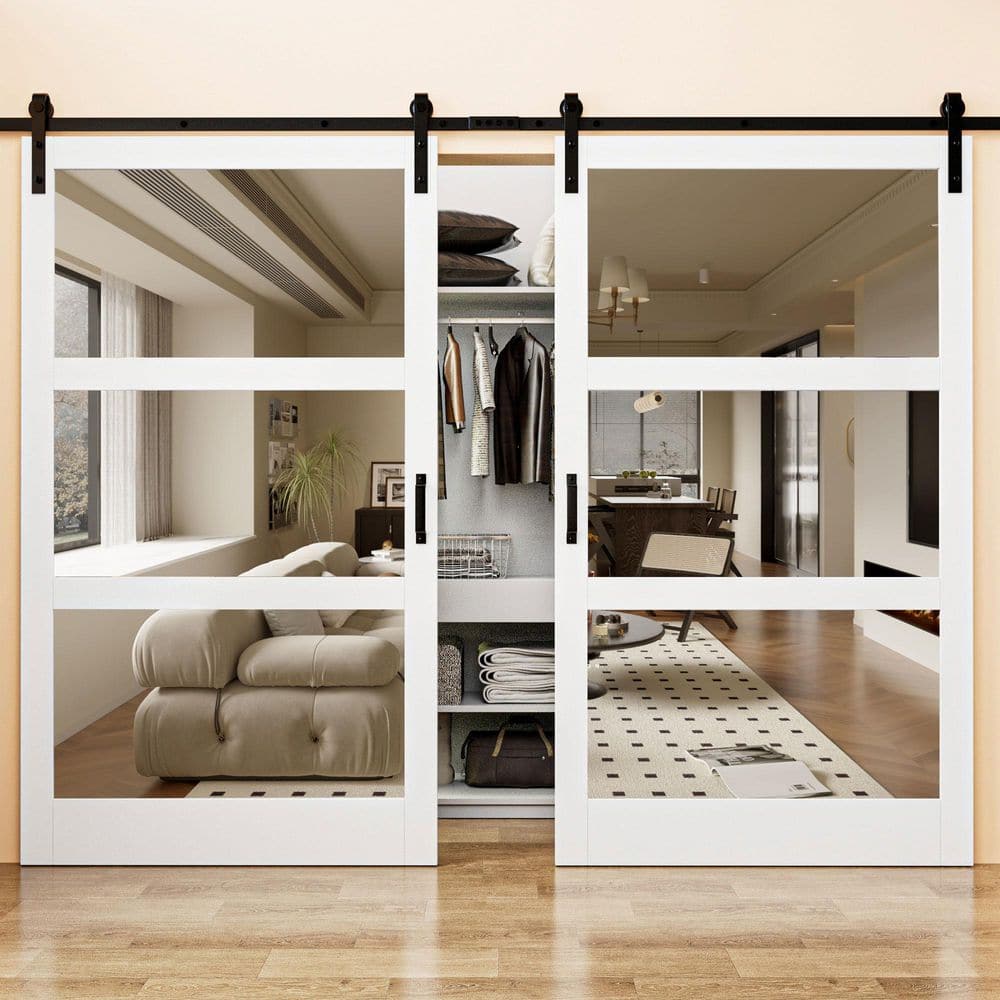 EH PUERTA 96 in. x 84 in. 3-Lite Mirrored Glass White Finished Solid ...