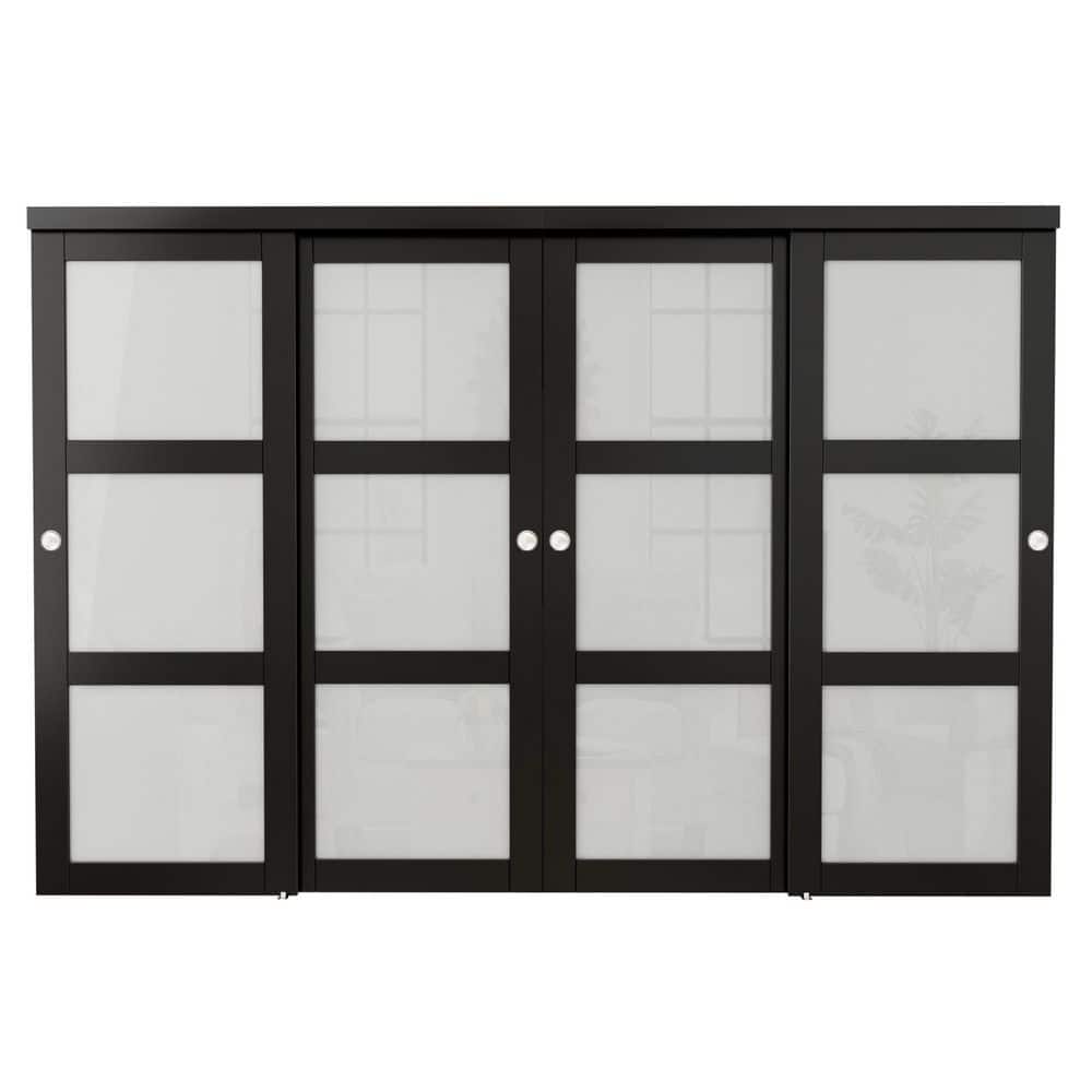 EH PUERTA 120 in. x 80 in. 3-Lites Frosted Glass MDF Black Closet ...