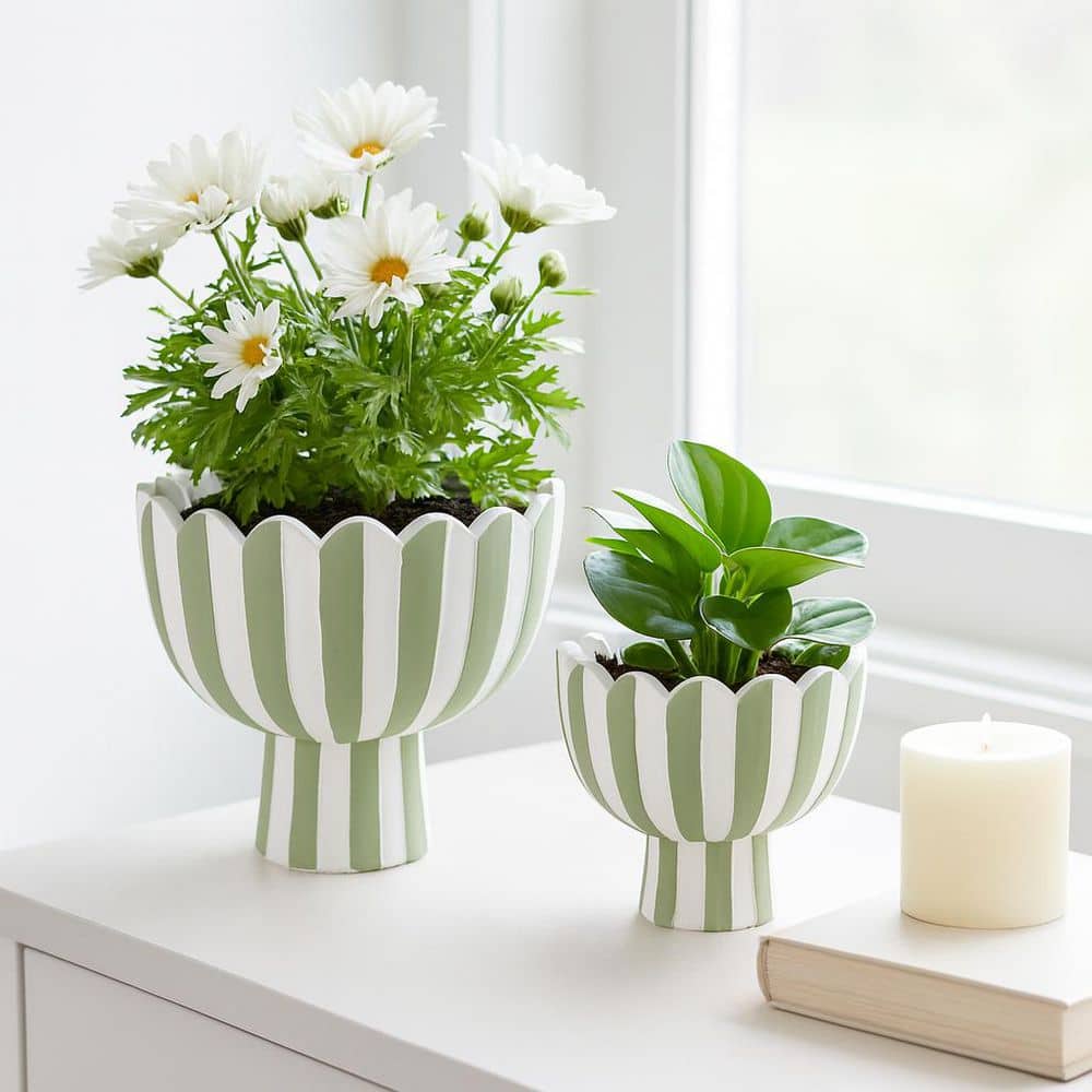 Liv & Skye 7 in. and 9 in. Green Ceramic Scallop Edge Striped ...