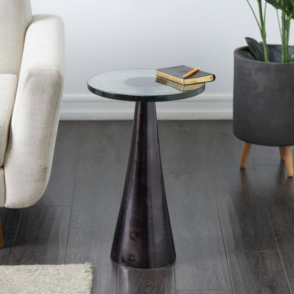 Litton Lane 14 in. Black Cone Geometric Large Round Glass End Table ...