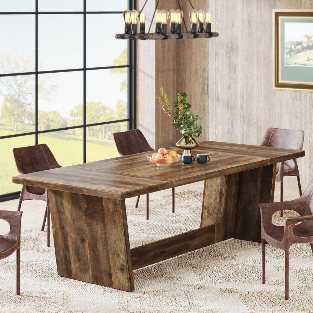 BYBLIGHT Moronia Dark Brown Wood 70.9 in. Pedestal Dining Table Seats 8, Rectangular Farmhouse ...