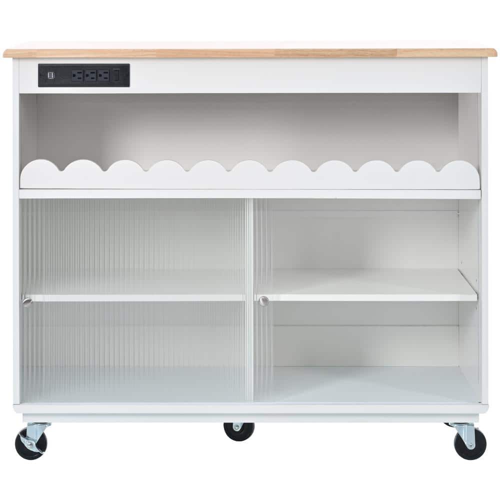 White Rubberwood Kitchen Cart with Drop Leaf, 2-Fluted Glass Doors, 2 ...