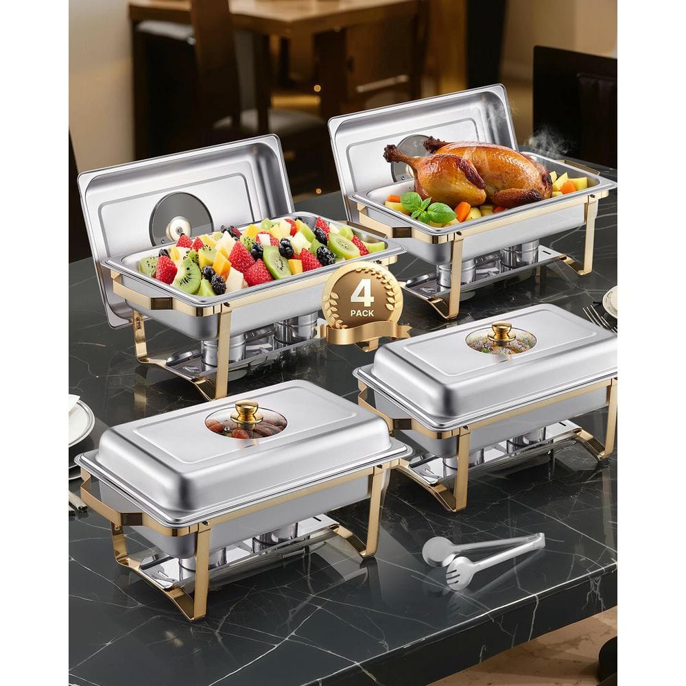 SKYSHALO 8 qt. 4-Pack, Stainless Steel Chafer with 4-Full Size Pans ...