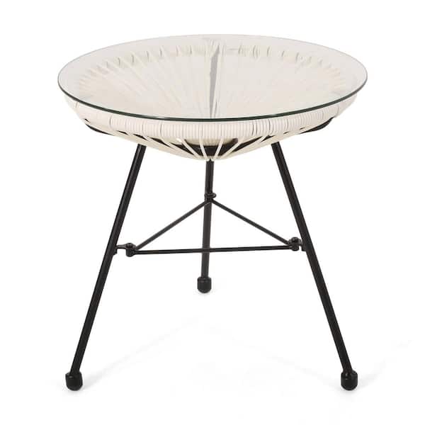 Nusa White Modern Rattan Outdoor Side Table with Tempered Glass Top ...