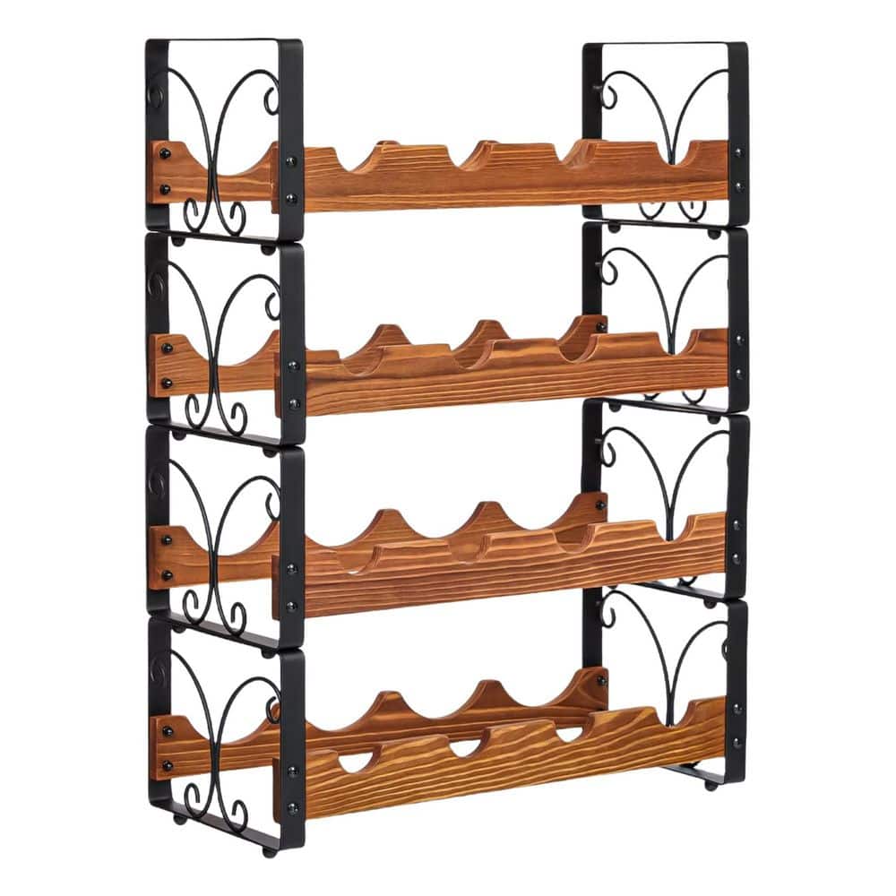 Wudkey 16-Bottle 4-Tier Stackable Wine Rack, Wooden and Iron Bottles ...