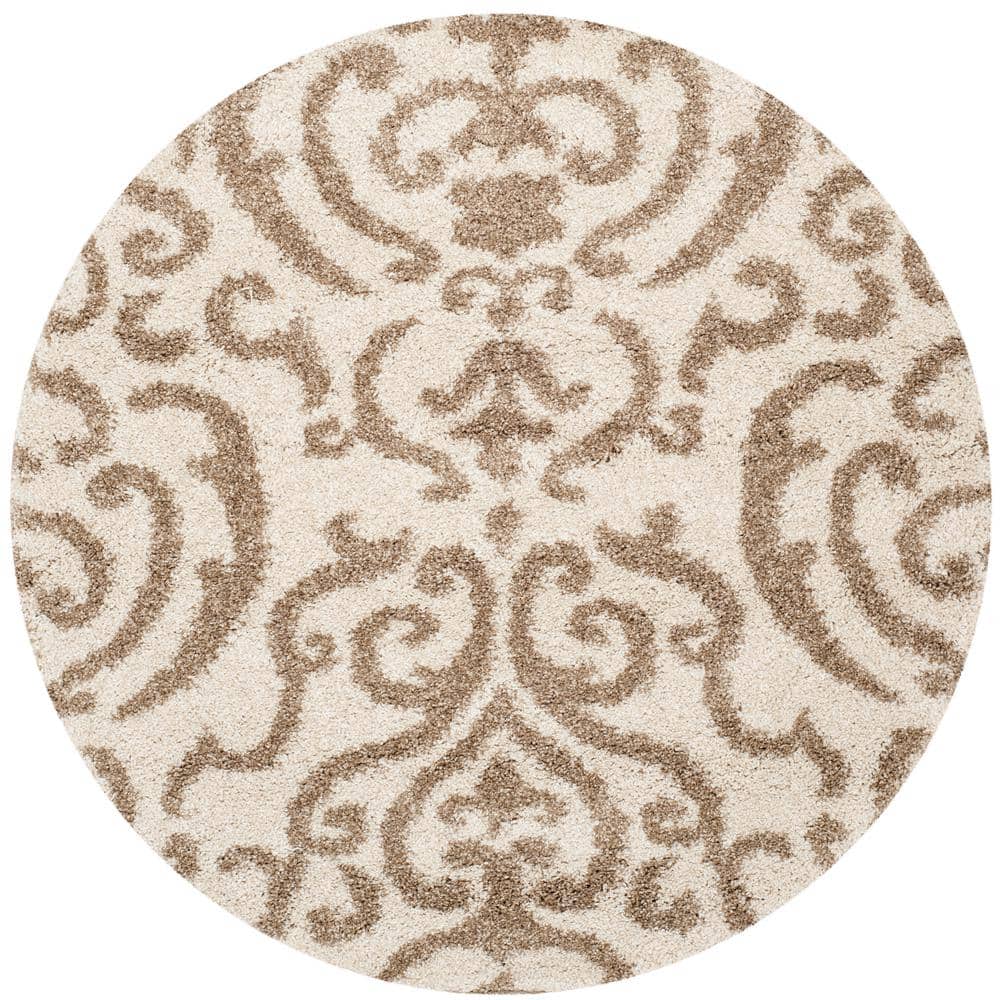 SAFAVIEH Florida Shag Cream/Beige 4 ft. x 4 ft. Round Damask Floral ...