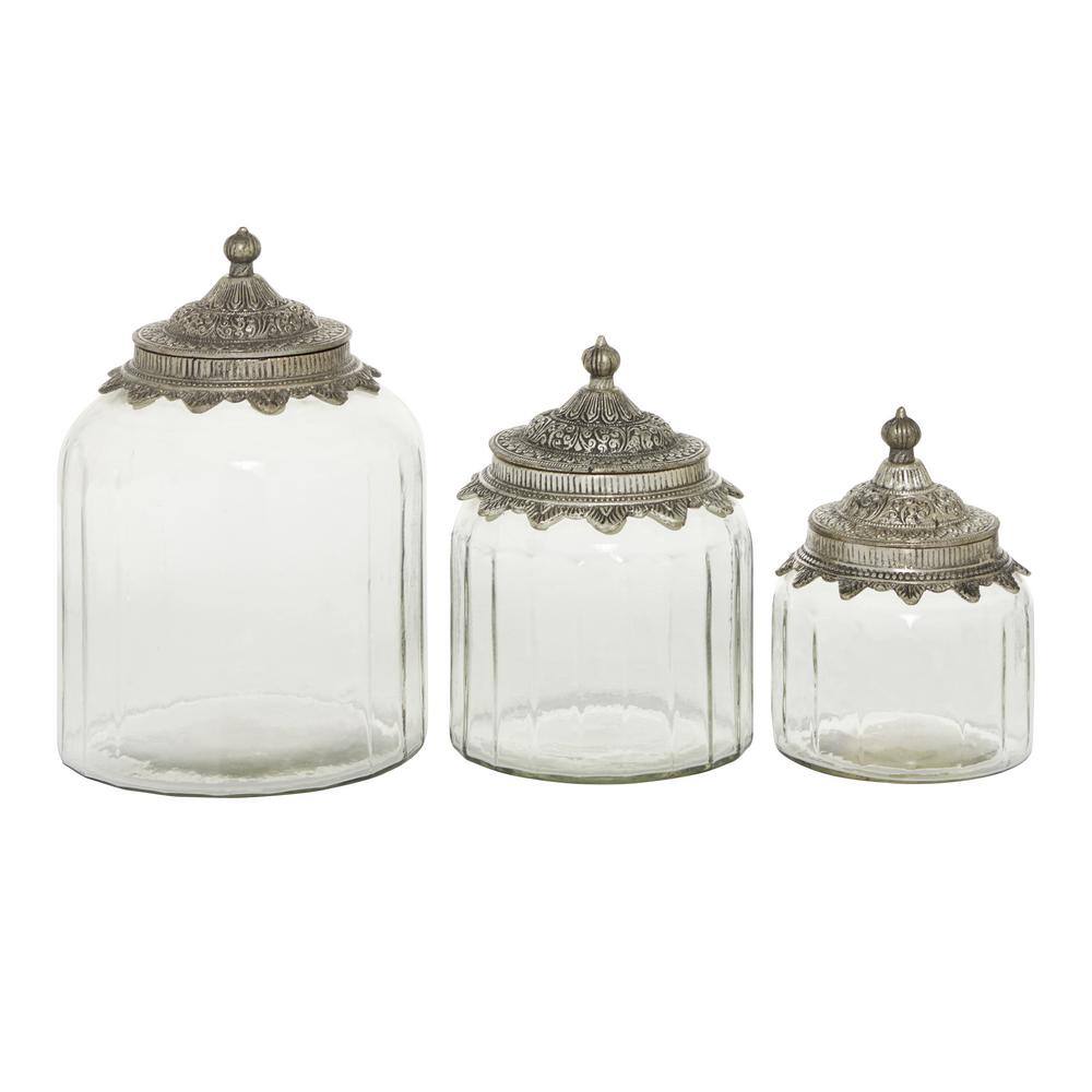 Litton Lane Clear Glass Decorative Jars with Engraved Silver Lids (Set ...