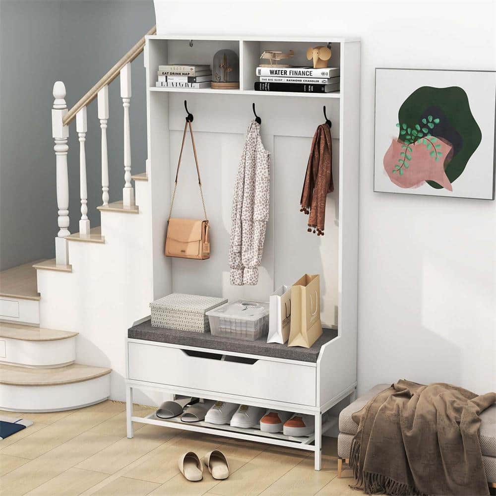 Costway White Hall Tree with Seat Cushion and Hidden Storage HCST03063 ...