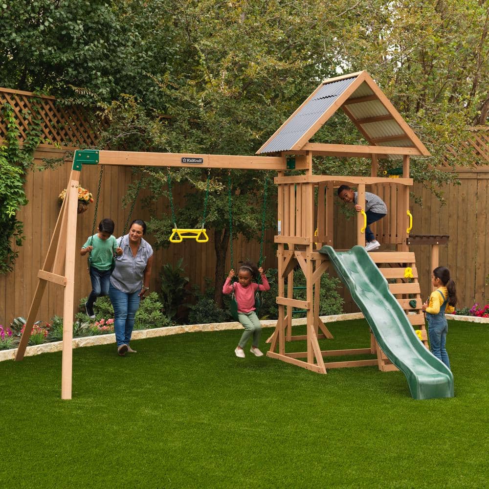 KidKraft Lawnmeadow Wooden Swing Set/Playset with Slide, Sandbox, Telescope and Monkey Bars ...