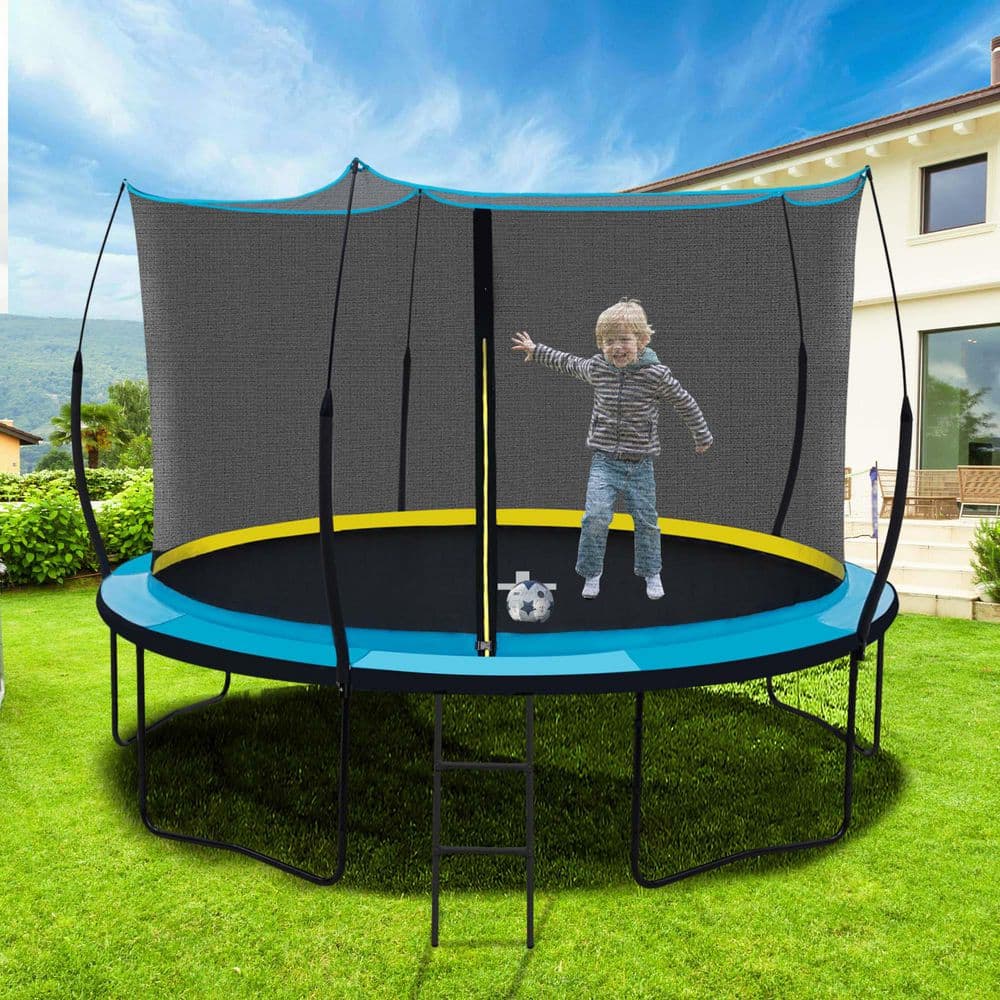 SUNRINX 12 ft. Blue Round Trampoline with Safety Enclosure Net MG65-28-DSJ - The Home Depot