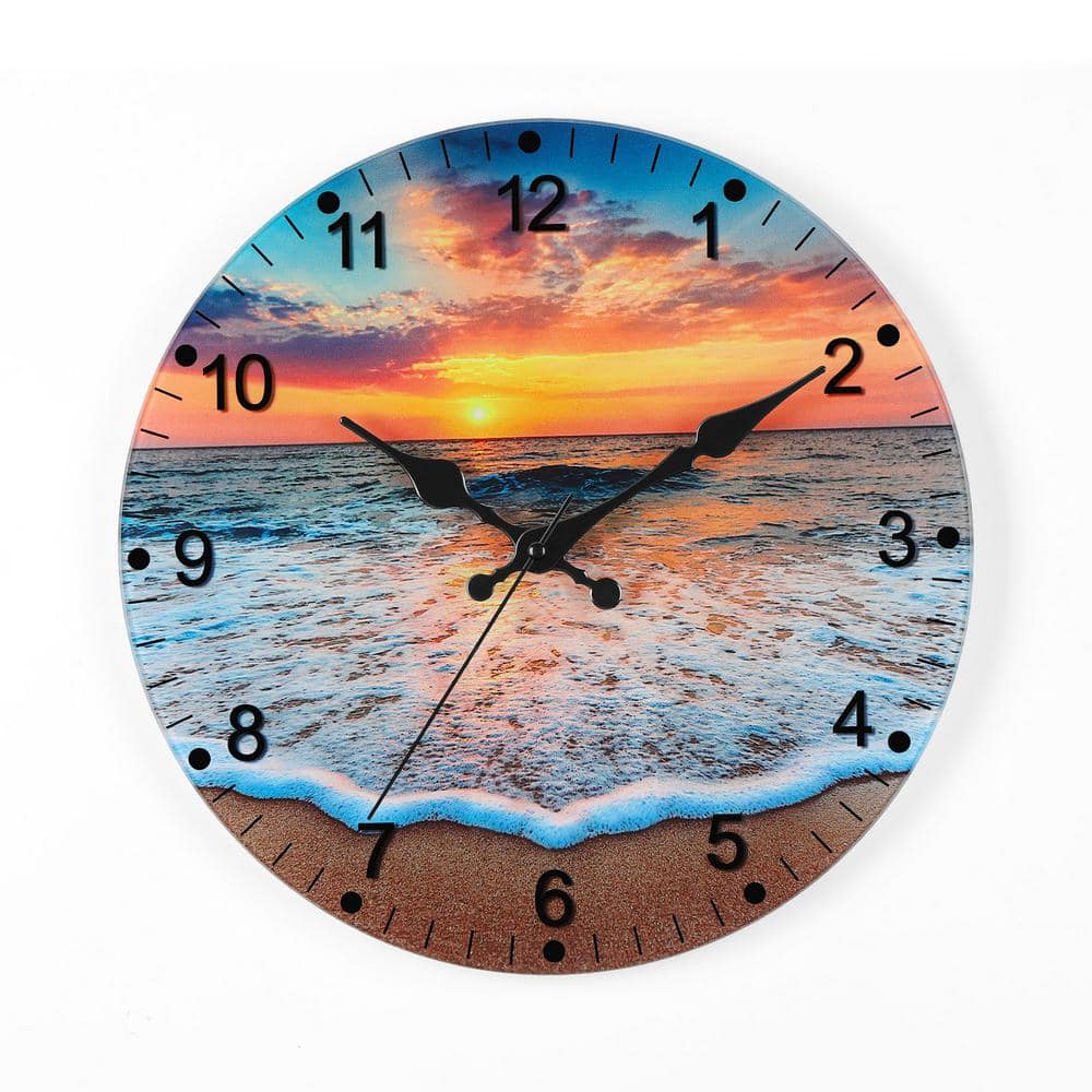 Oumilen 12 in. Beach Analog Non Ticking Blue Glass Wall Clock HD-710 ...