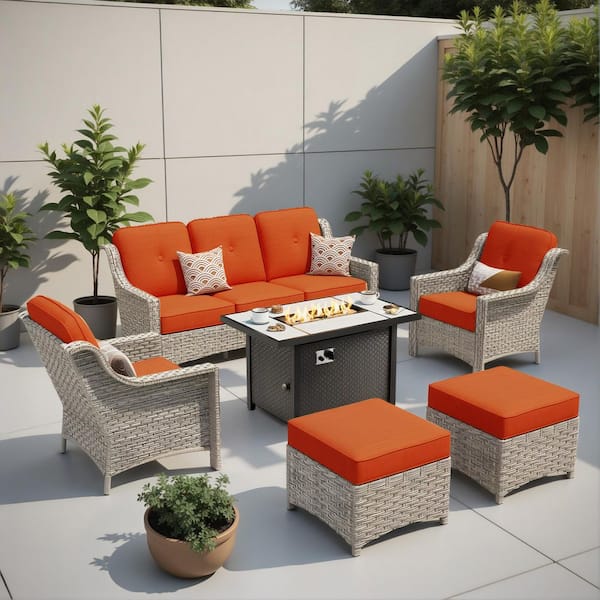 XIZZI Miracle 6 Pieces Wicker Outdoor Patio Rectangular Fire Pit Set ...