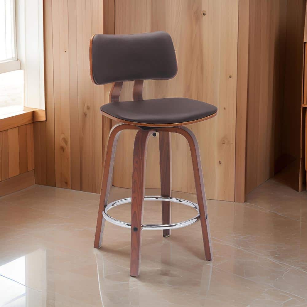 Benjara 26 in. Brown Low Back Wood Frame Bar Stool with Faux Leather ...