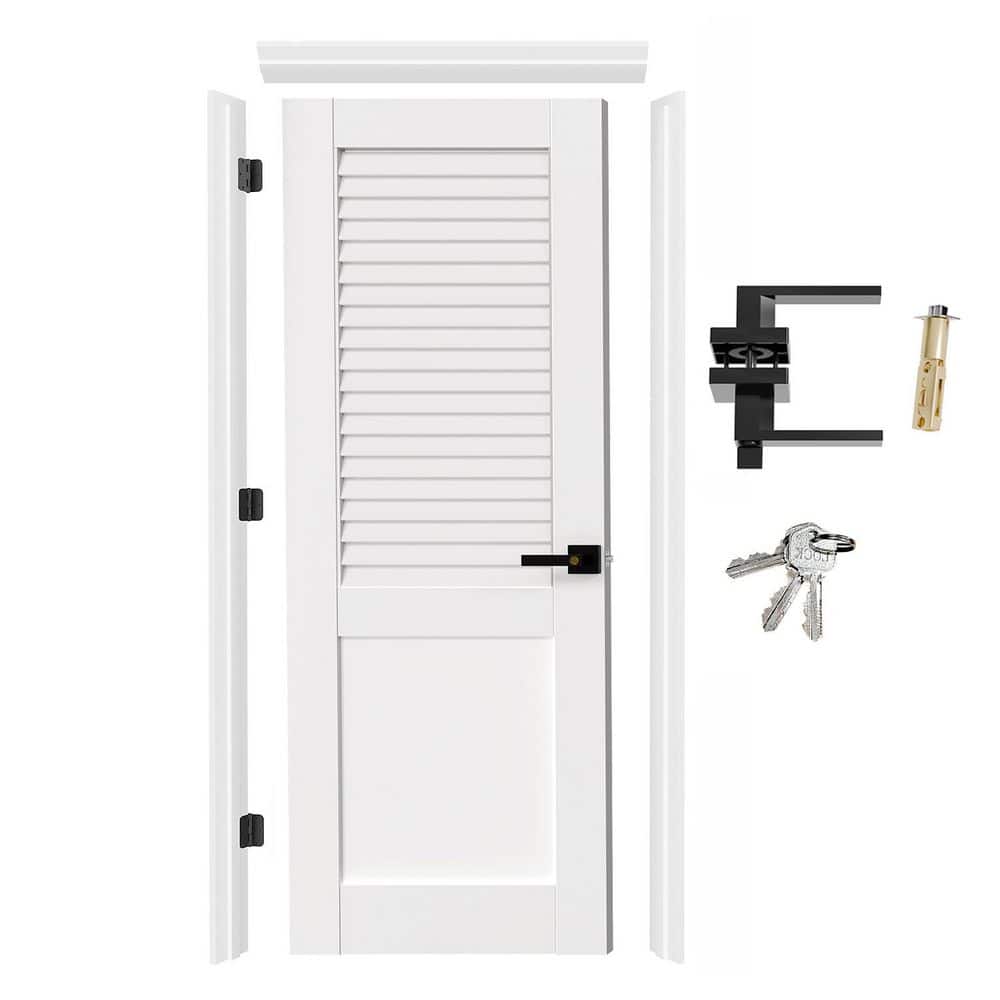 TENONER 30 in. x 80 in. Primed Wood Half-Louvered Door with Door Kit ...