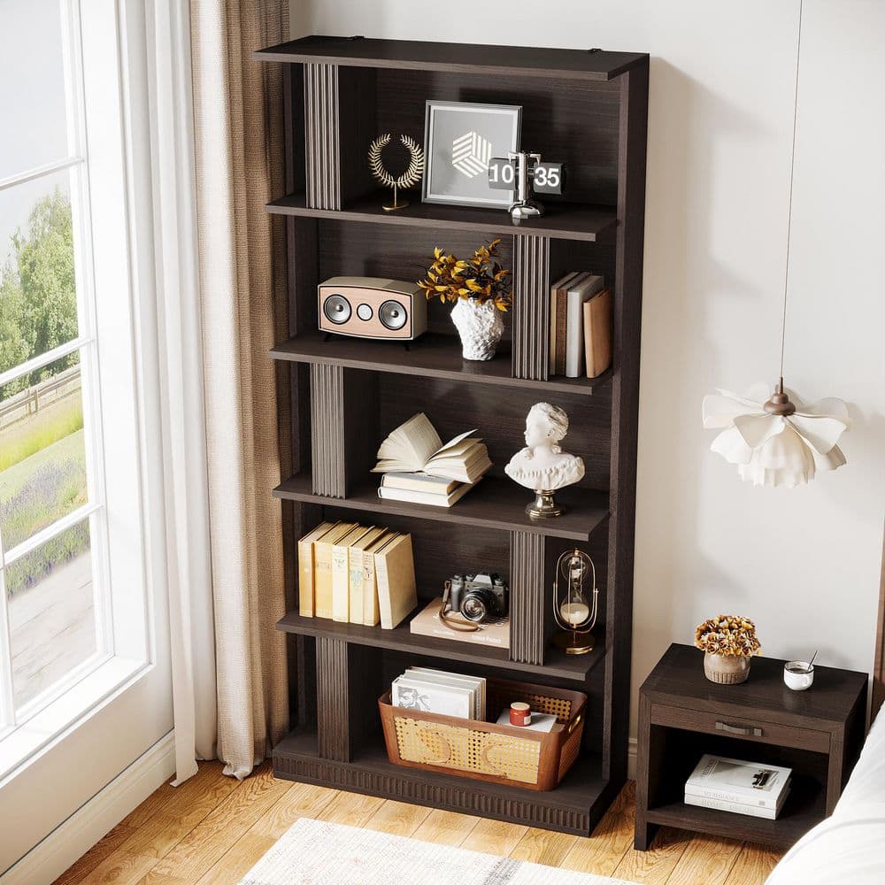 BYBLIGHT Eulas 70 in. Tall Dark Walnut Wood 5-Shelf Standard Bookcase ...