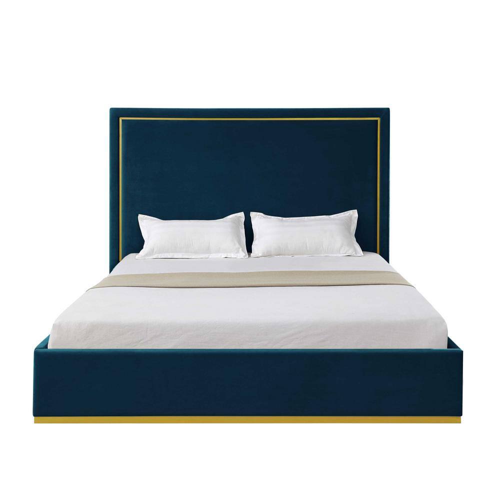 Inspired Home Aksel Navy King Size Platform Bed Upholstered Velvet Inspired Home Aksel Navy King Size Platform Bed Upholstered Velvet