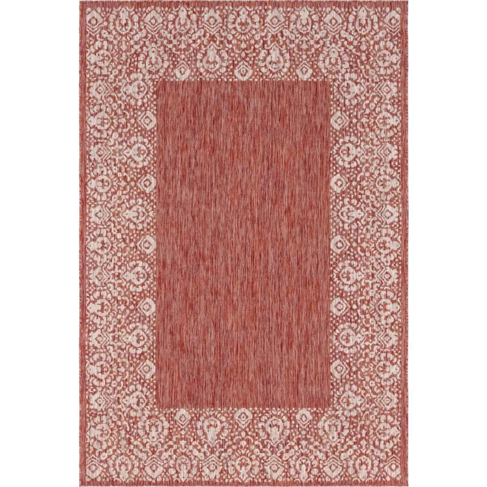 Unique Loom Outdoor Floral Border Rust Red 6 ft. x 9 ft. Area Rug ...