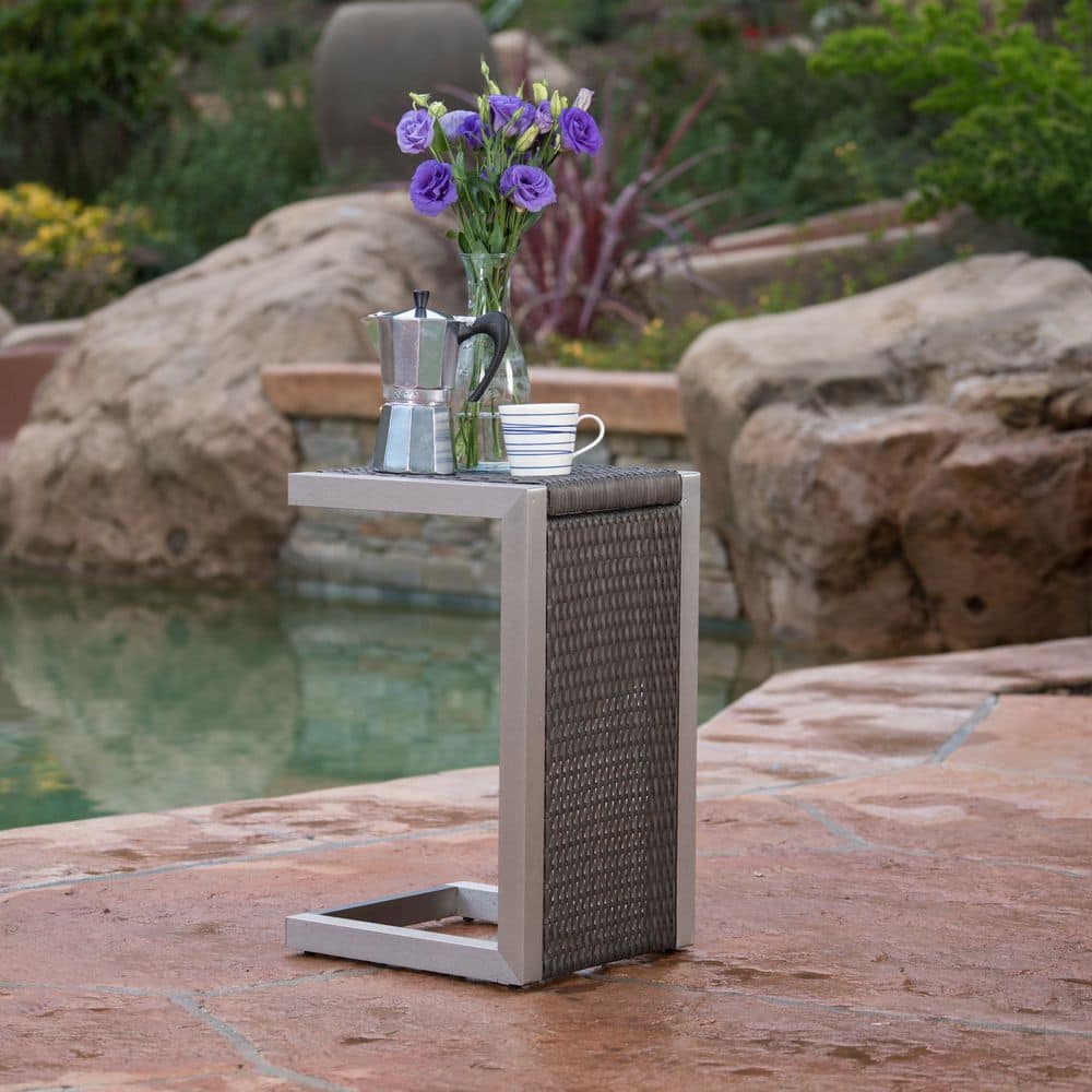 Brown Aluminum Wicker Outdoor Side Table Cape Coral C-Shaped Coffee ...