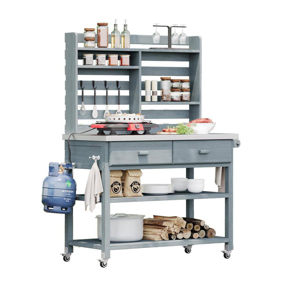 46.7 W x 65 in. H Grey Blue Wood Outdoor Potting Bench Table Grill Cart ...