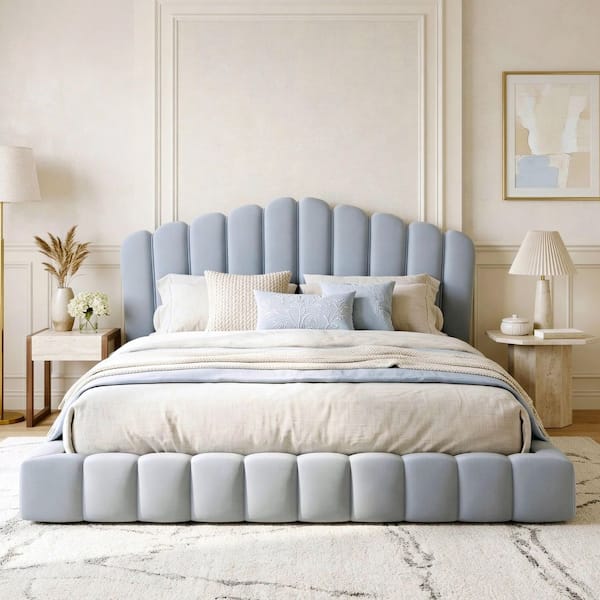 Polibi Light Blue Wood Frame Queen Platform Bed with Shell-Shaped ...