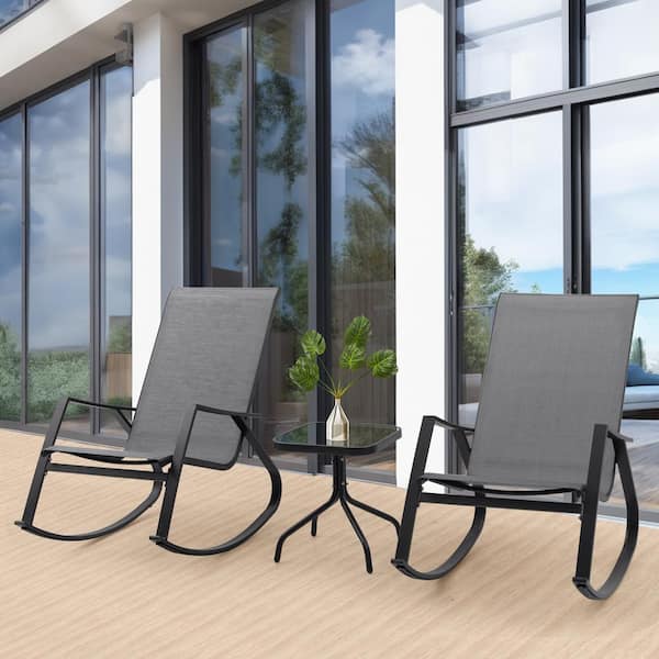 Pellebant Gray Metal Patio Outdoor Rocking Chairs with Glass Square ...